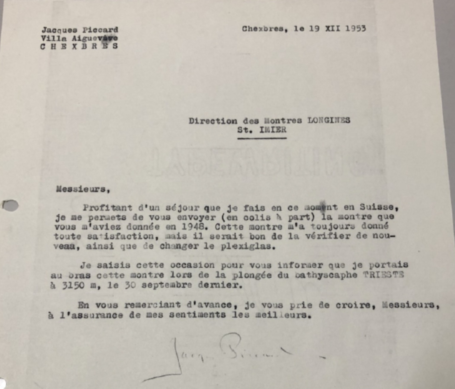 Longines Timepieces in Bathyscaphe Trieste And On The Wrist of Piccard