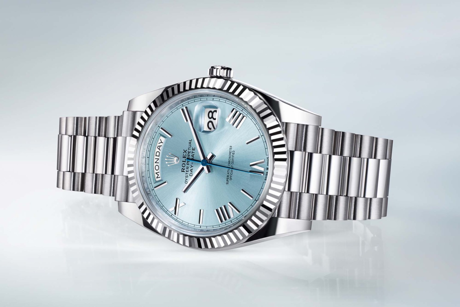 Rolex Day-Date 40 in Platinum now with a Fluted Bezel - Monochrome Watches