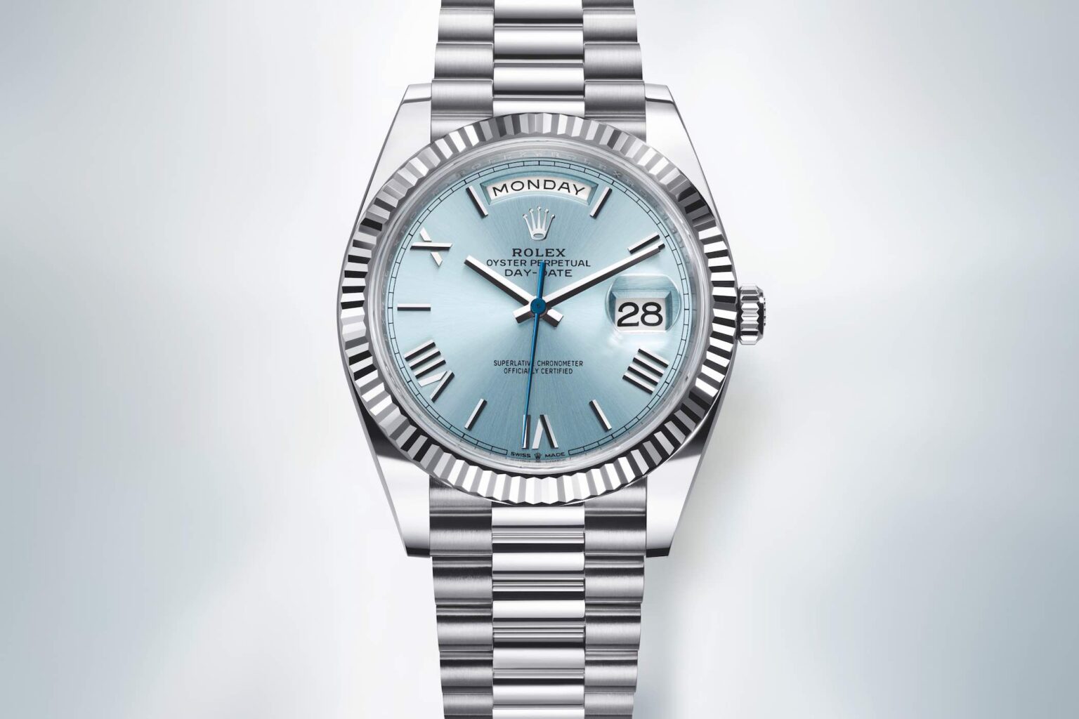 Rolex Day-Date 40 in Platinum now with a Fluted Bezel - Monochrome Watches